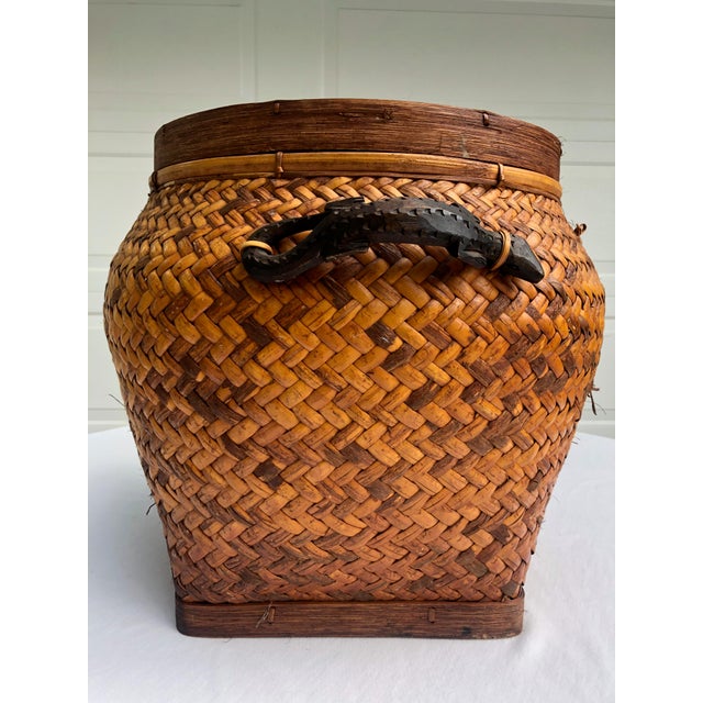 Mid 20th Century Large Herringbone Rattan Basket With Hand-Carved ...