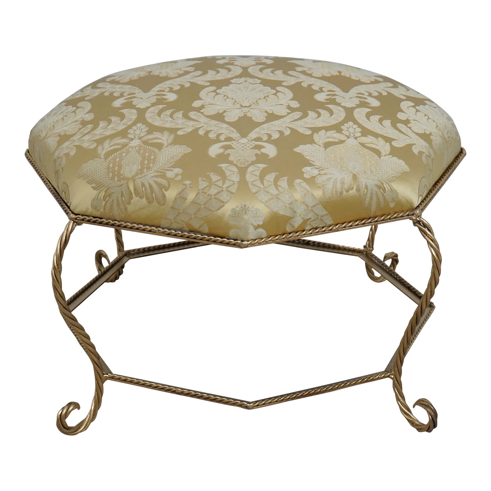Italian Gold Finish Rope Twist Iron Upholstered Ottoman | Chairish