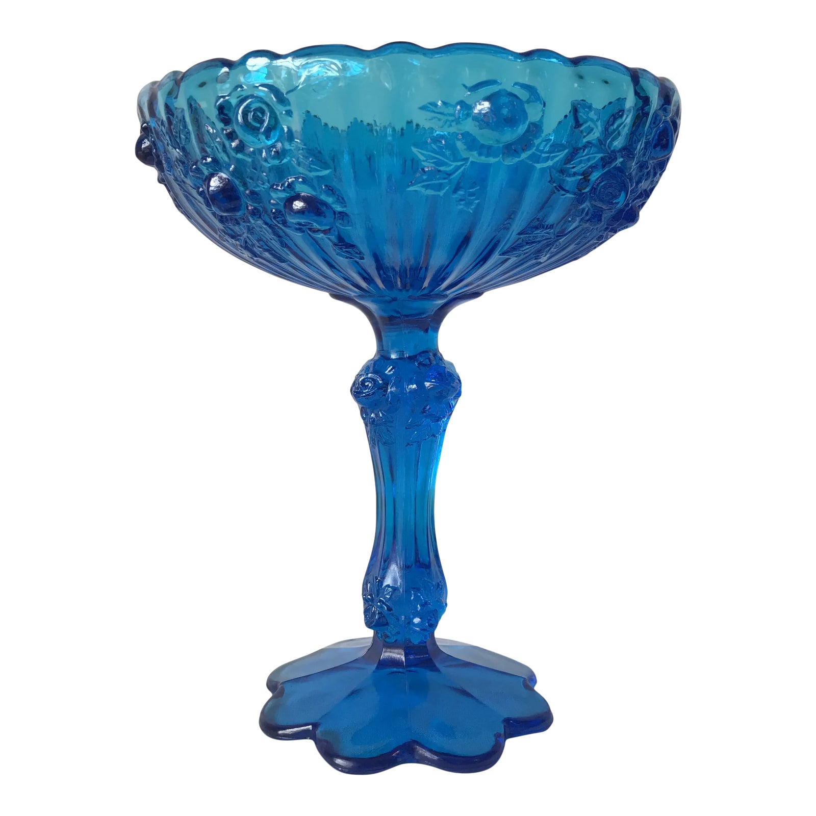 Mid Century Blue Glass Compote | Chairish