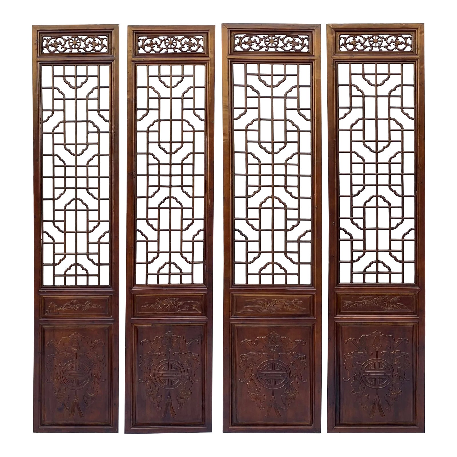 Chinese Brown Geometric Pattern Theme Wood Panel Floor Screen 4pcs ...