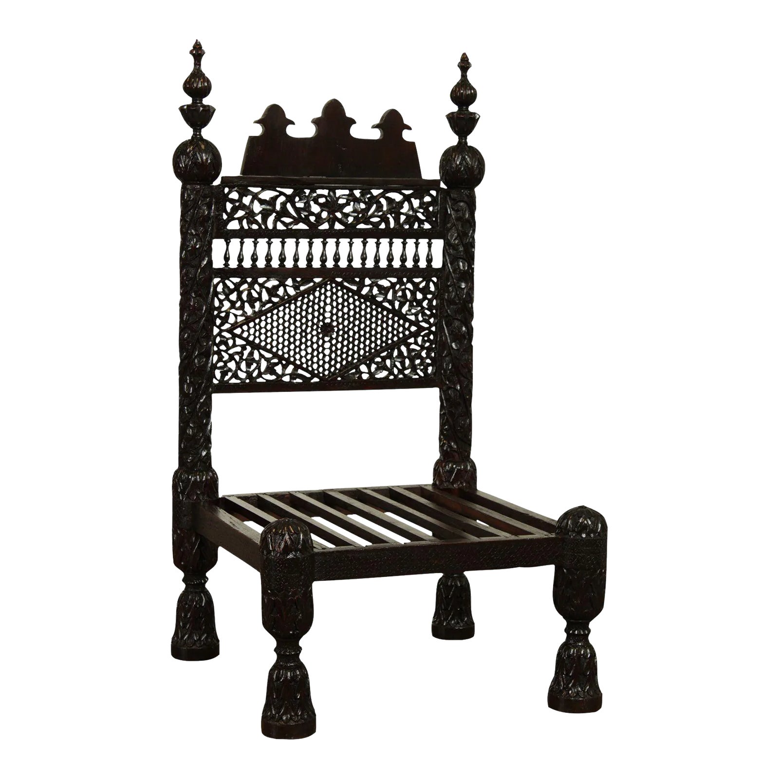 Antique Indian Hand Carved Low Pidda Chair | Chairish