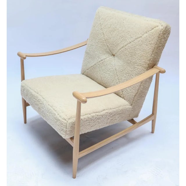 Custom Beige Oak & Ivory Sheepskin Mid-Century Style Armchairs - a Pair ...
