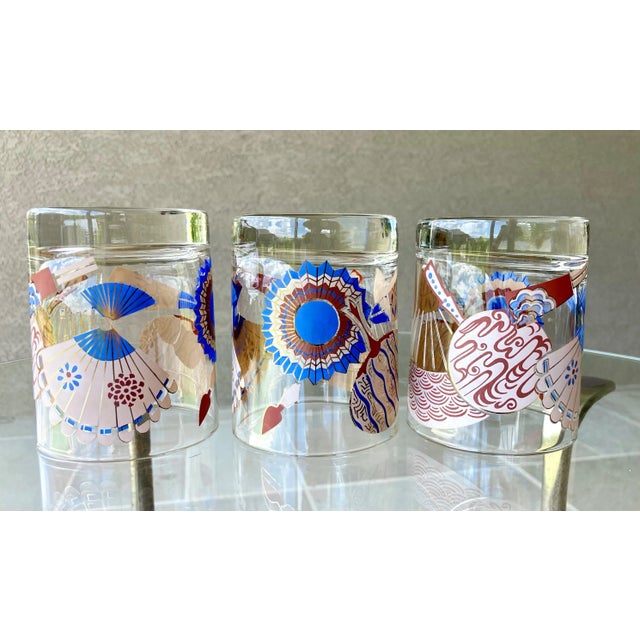 Mid-Century “Japanese Fans & Combs” Motif Lowball Glasses Attributed to ...