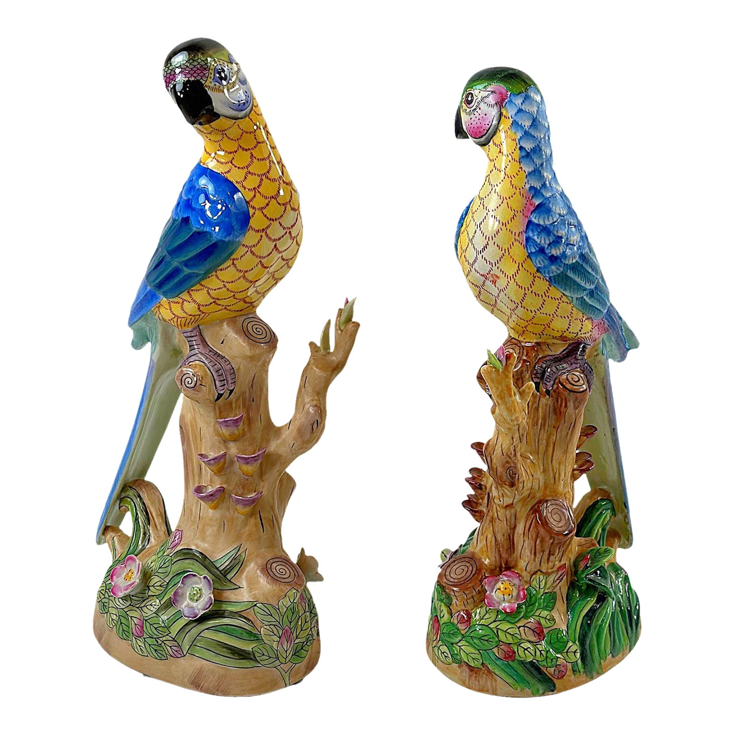 1980's Chinese Blue Porcelain Glazed Parrot Figurines - a Pair | Chairish