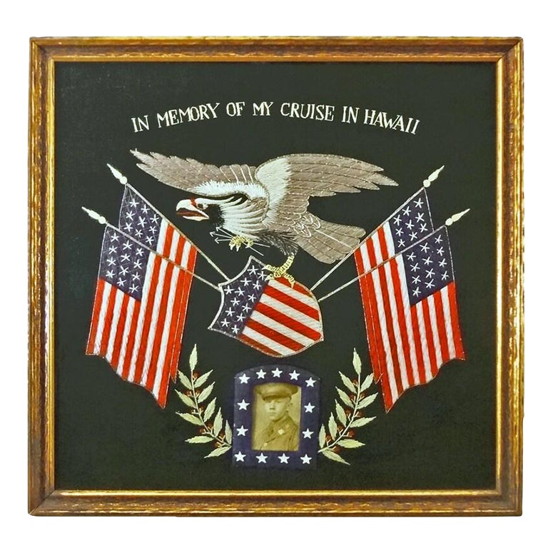 Antique American Eagle Flag Banners Needlework Trapunto Silk Embroidery ...