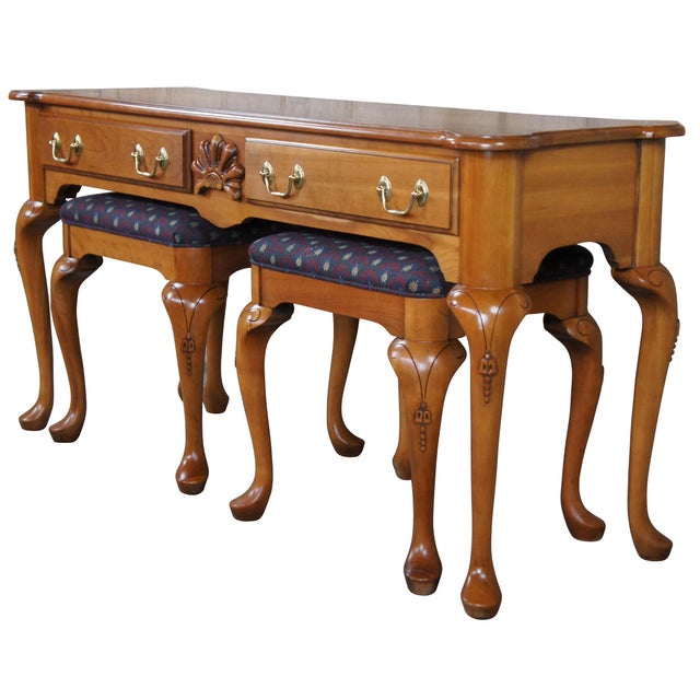 1980s Harden Queen Anne Style Solid Cherry Sofa Console Table with Stools - Set of 3 | Chairish