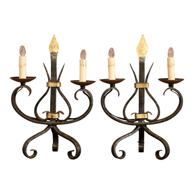 Early 20th Century French Gothic Forged Iron Two-Light Candelabras - a ...