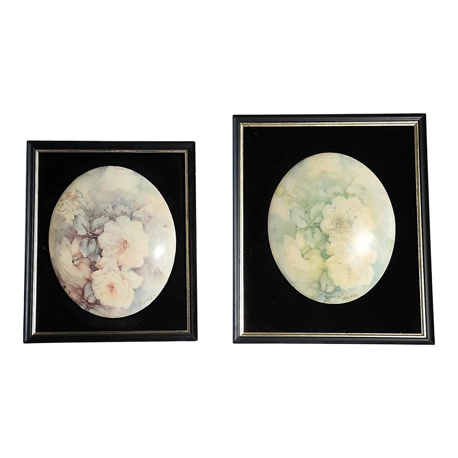 Pair of 1940s Framed Painted Porcelain Ovals on Velvet | Chairish