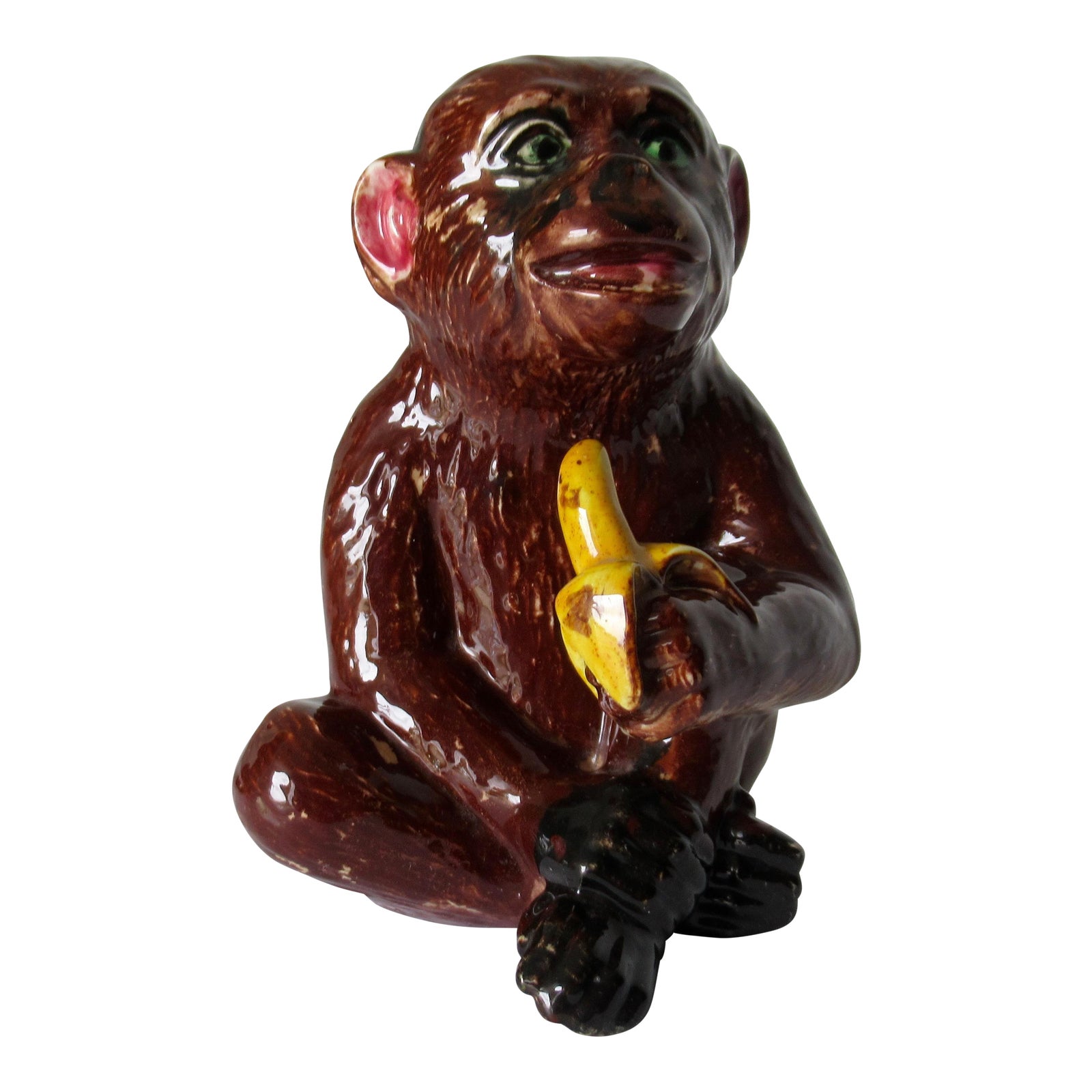 Porcelain Ceramic Glazed Majolica Sitting Monkey With Banana | Chairish