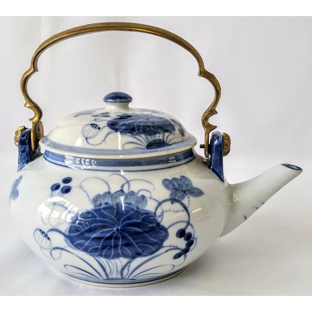 Vintage Asian Hand Painted Blue and White Teapot With Brass Handle ...