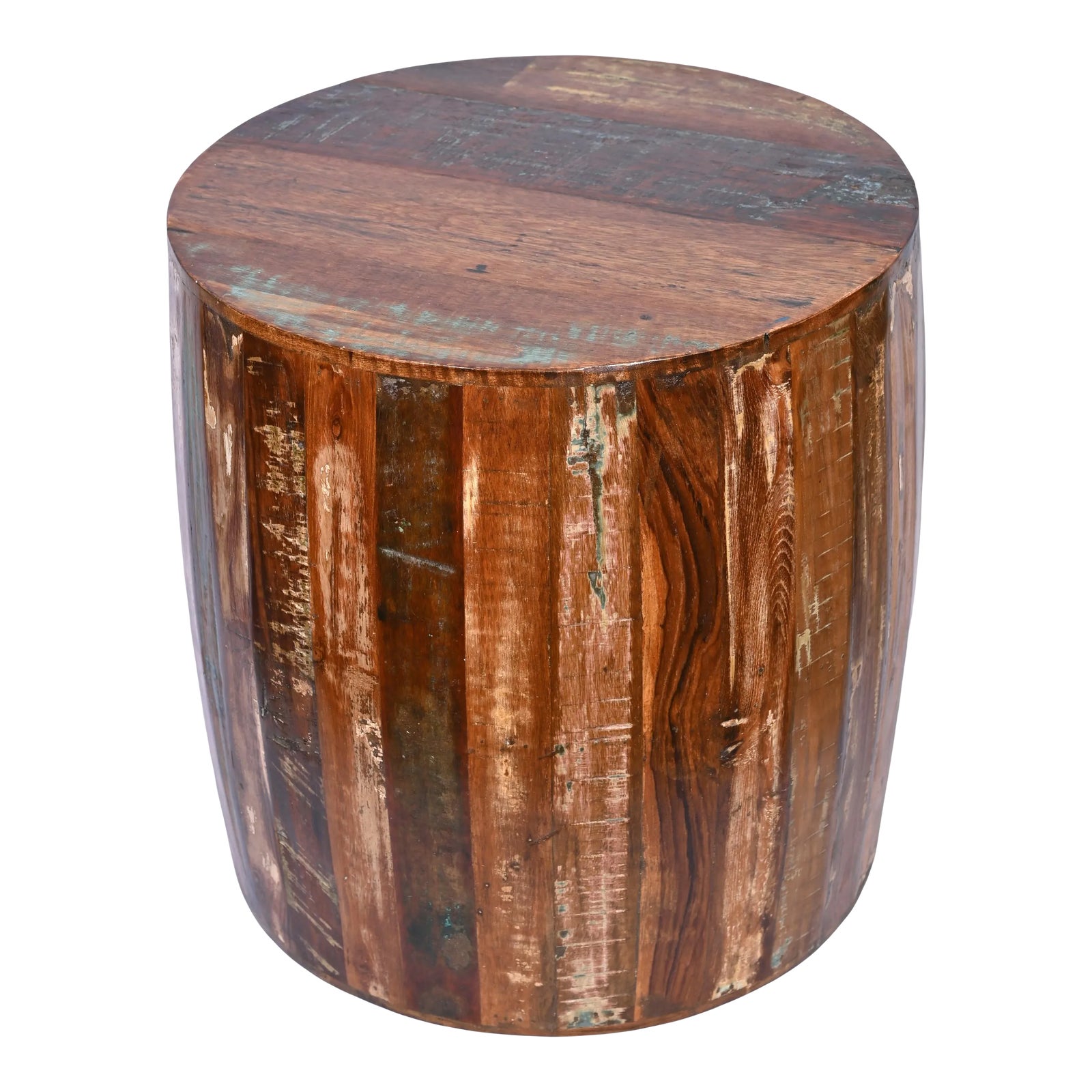 Rustic Reclaimed Drum Barrel Shaped Side Table | Chairish