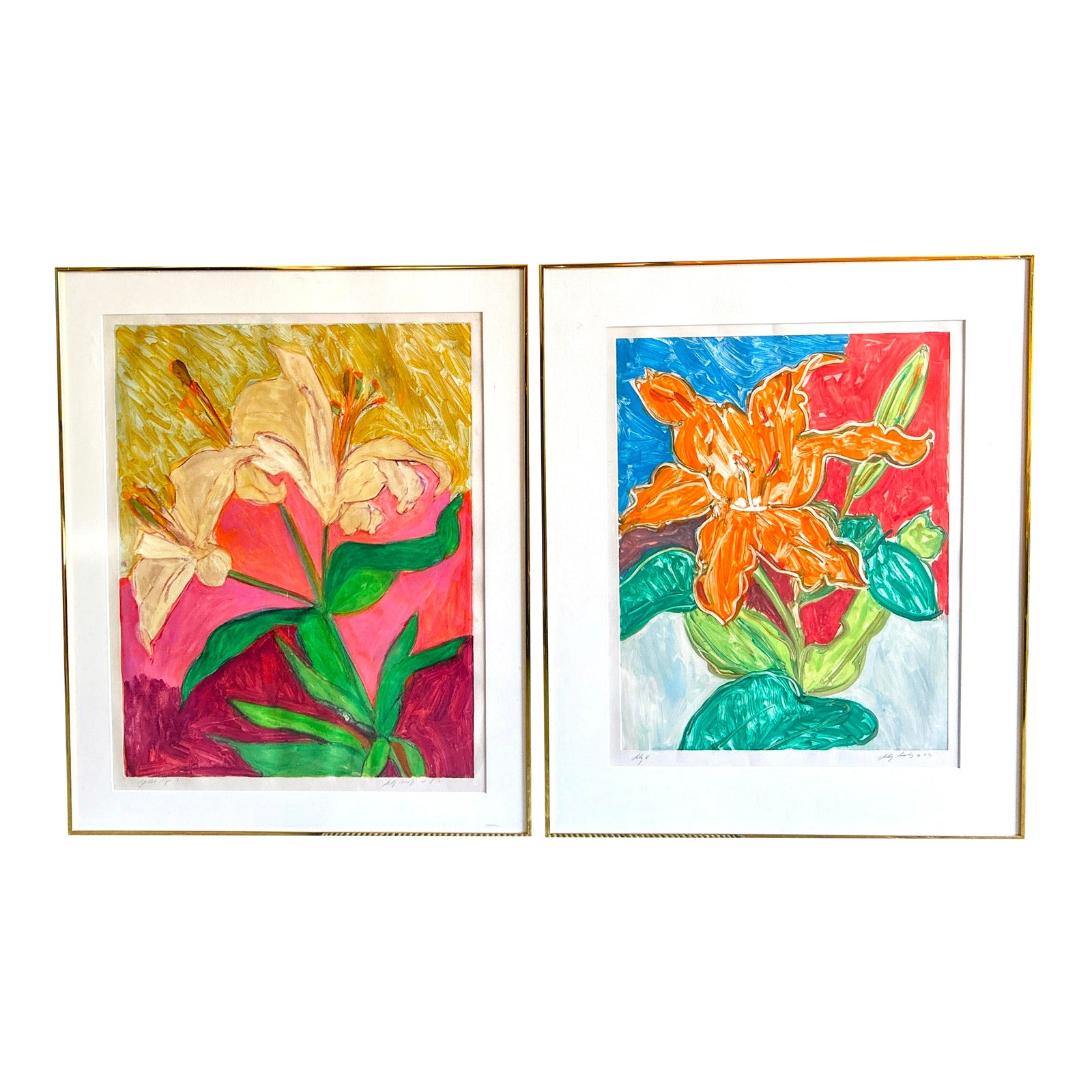 1980s Pair of Contemporary Original Signed "Lily Ii" and "Yellow Lily I ...