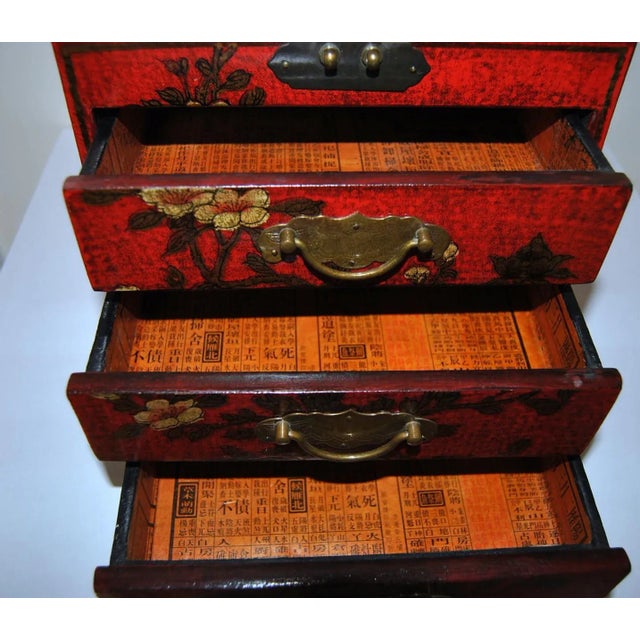 Red Laquer Inscribed Metal Mounted Wooden Vanity Box Case Chest With ...