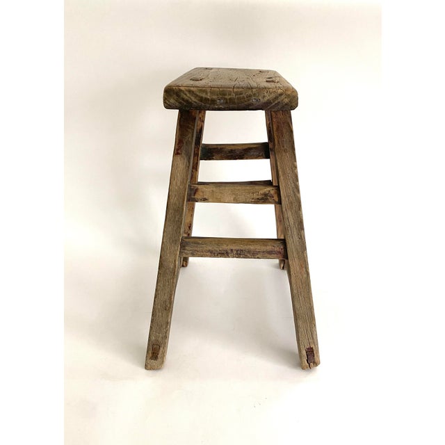 Rustic Elm Wood Farmhouse Stool | Chairish