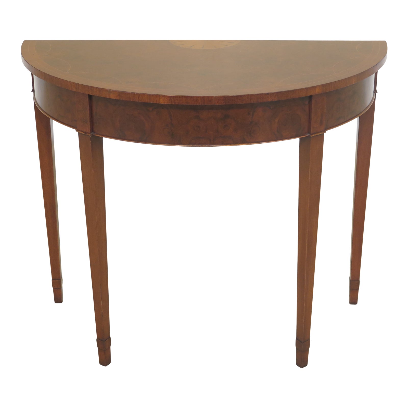 1980s Vintage Burl Walnut 1/2 Round Inlaid Hall Table | Chairish