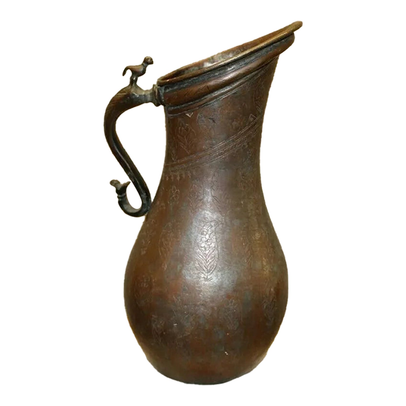 Hand Formed Middle Eastern Copper Pitcher With Etched Designs,19th ...