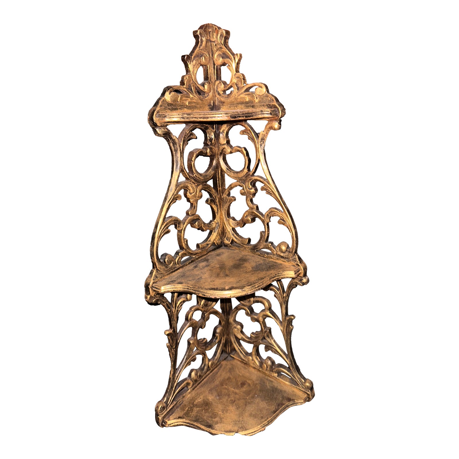 1950s Hand-Carved Baroque Corner Shelf – Ornate Gilded Wood – 3-Tier ...