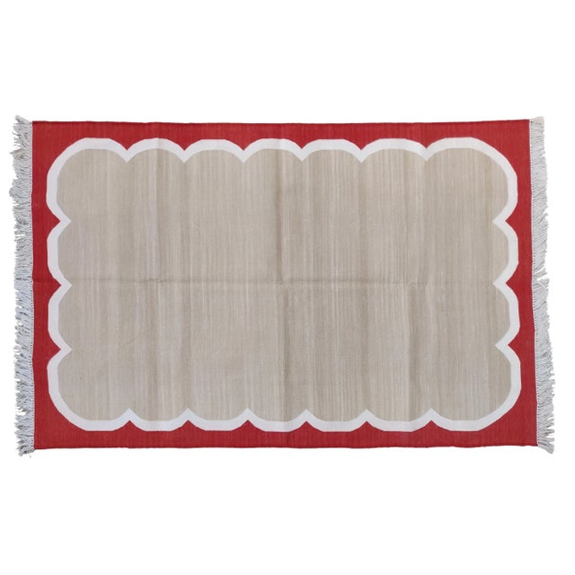 Cotton Handwoven Beige and Red Border Scalloped Rug 6x9 | Chairish