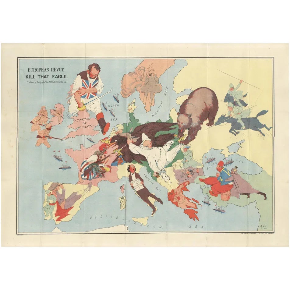 Wwi Satirical Cartoon Map by J.H. Amschewitz, 1914 | Chairish