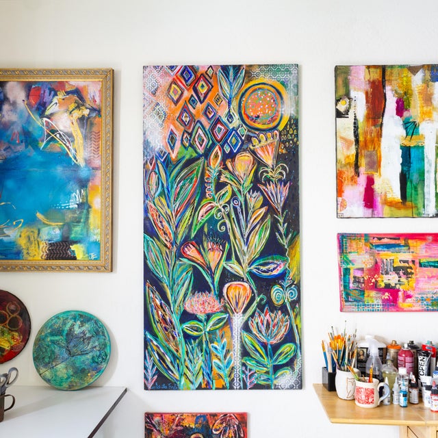 Tall Multimedia Abstract Expressionist Botanical Painting | Chairish