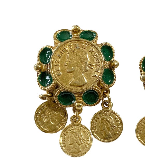 Intage Queen Elizabeth II Regina Gold Tone Coins Green Enamel Earrings ...