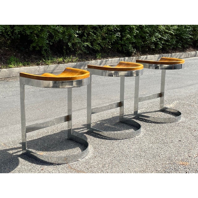 1960s Warren Bacon Oak and Chromed Steel Counter Stools, Set of 3 ...