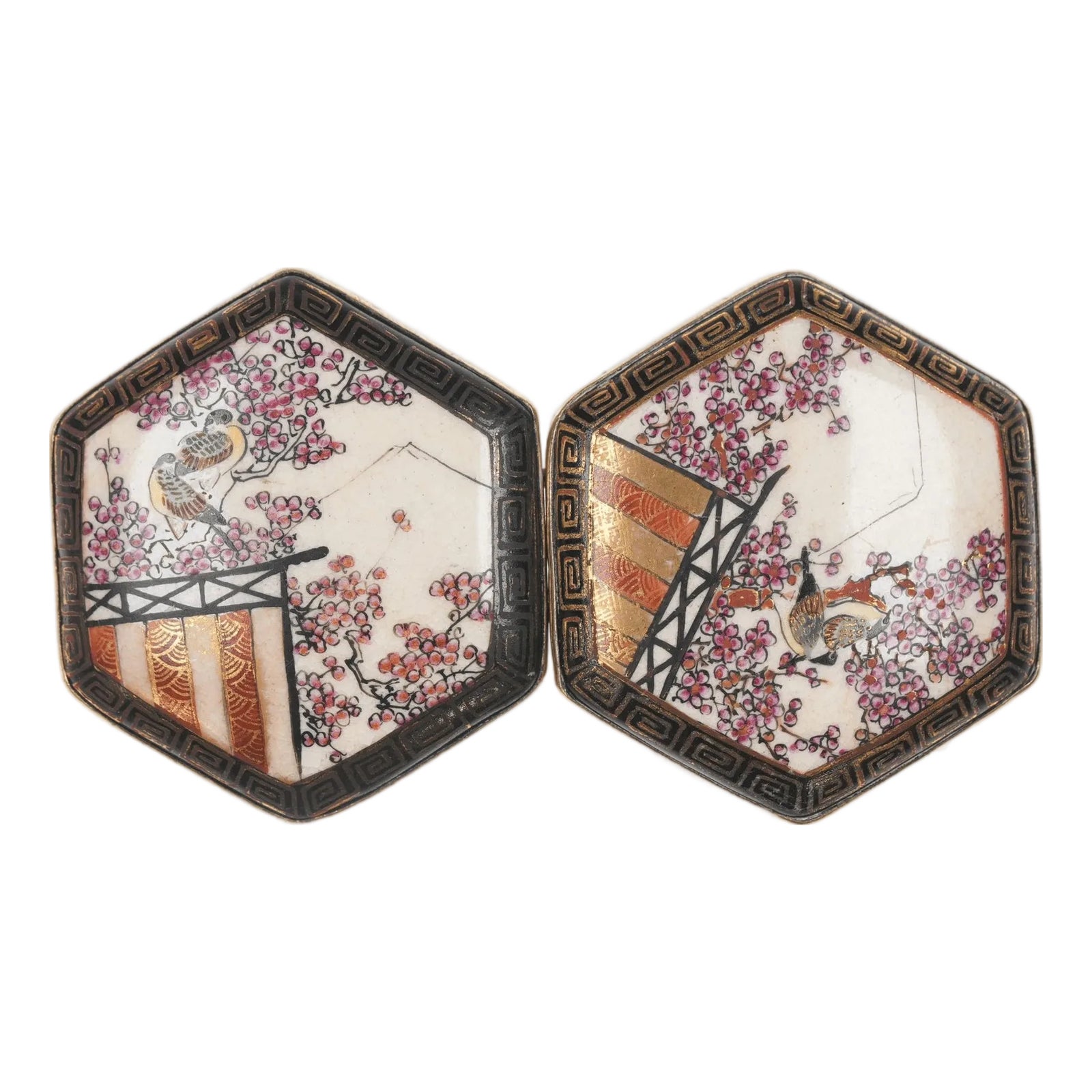 c1900 Meiji Japanese Satsuma birds belt buckle set | Chairish
