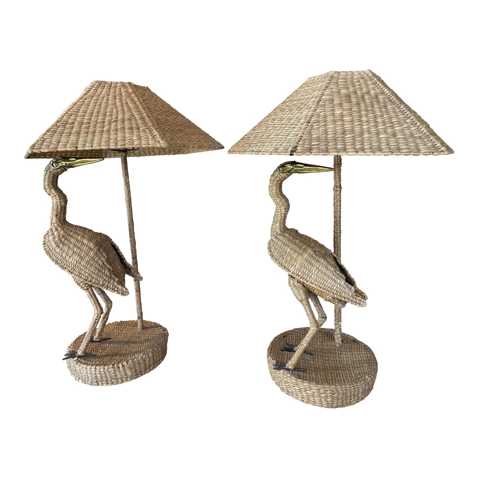 Vintage Pair Mario Lopez Torres Heron Bird Table Lamps Woven Rattan ...