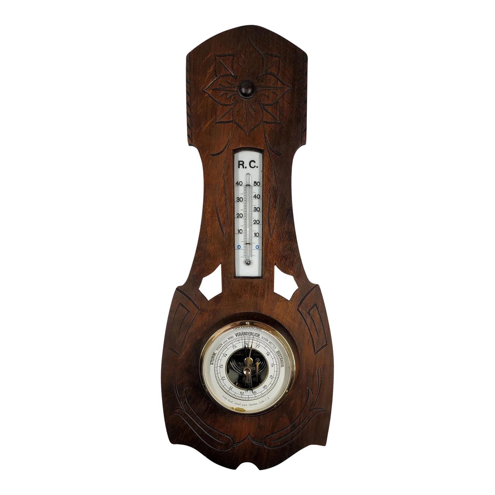 1930’s Art Deco Antique Weather Station Barometer Thermometer in Carved ...