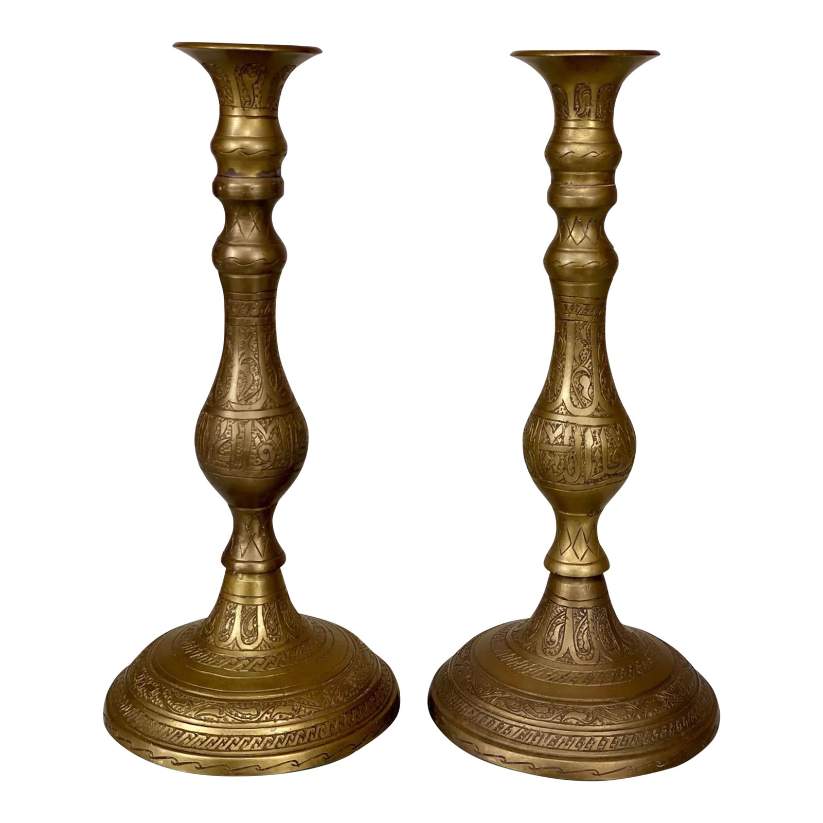 Vintage Traditional India Brass Etched Candlestick Holders - a Pair ...