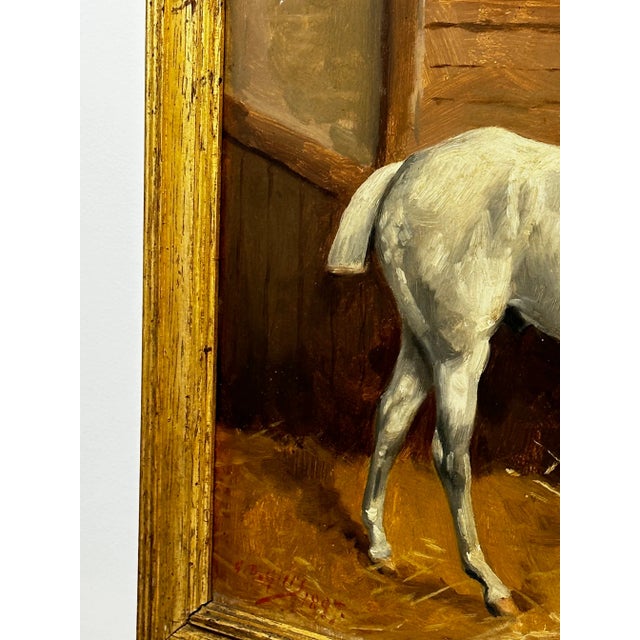 British Oil Painting of a Victorian White Horse in Stable by Godfrey ...