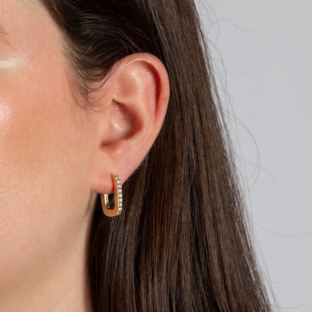 Diamond and Gold Chunky Rectangular Huggies in 14K gold - A Pair | Chairish