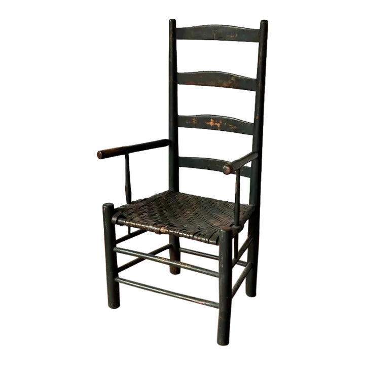 Early 19th Century Early American Ladder Back Arm Chair in Old Black ...