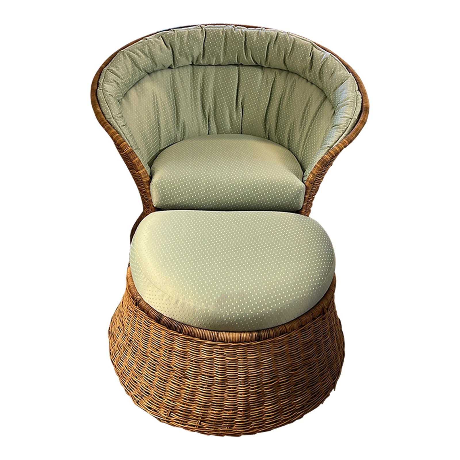 Late 20th Century Vintage Rattan Chair and Half Moon Ottoman | Chairish