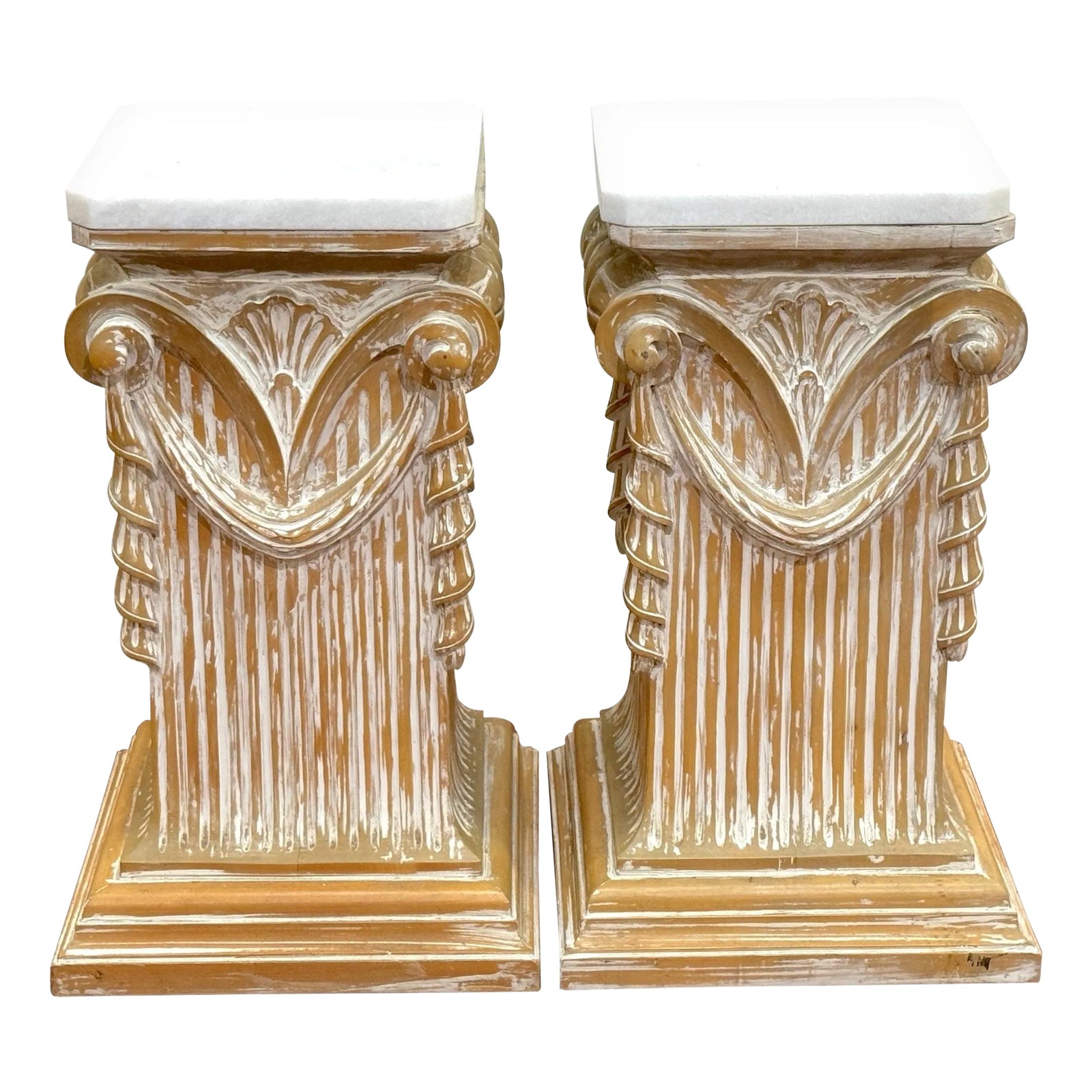Pair of Modern Neoclassical Carved Wood Whitewashed Marble Pedestals ...