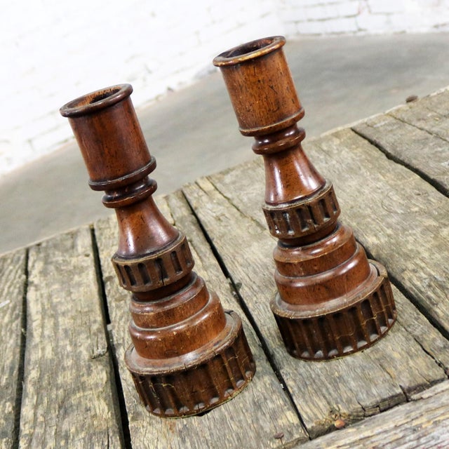 Pair Vintage Turned Wood and Composite Candle Holders | Chairish