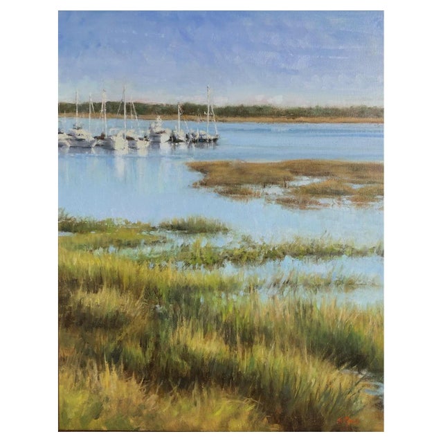 Framed Oil on Canvas Panel "Grassy Inlet" by Sue Foell | Chairish
