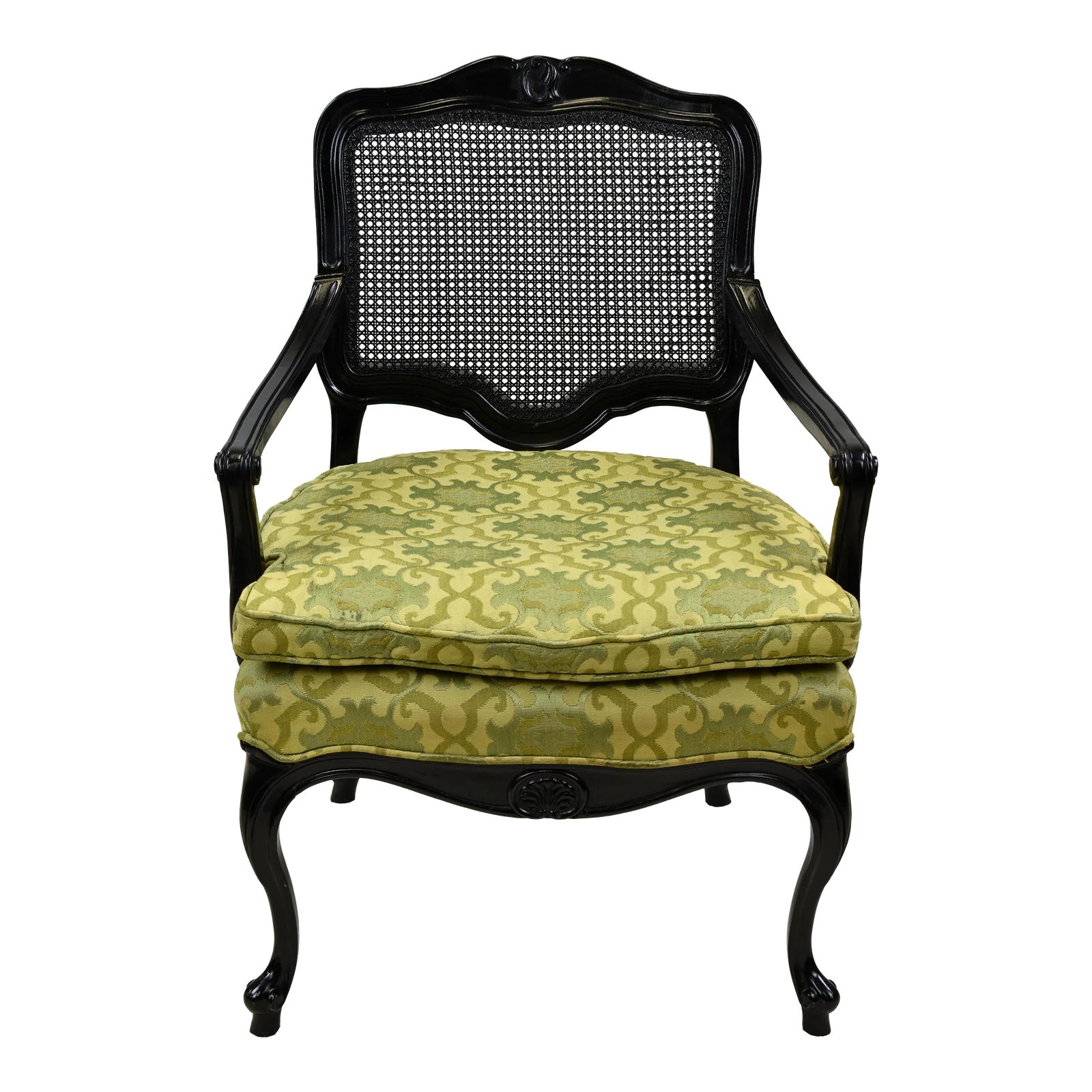 2000s French Provincial Style Cane Back Olive Fleur-De-Lis Print ...
