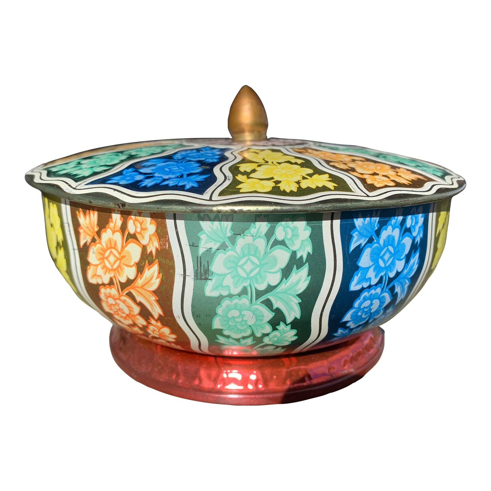 1950 Colorful Round English Lidded Candy Tin | Chairish