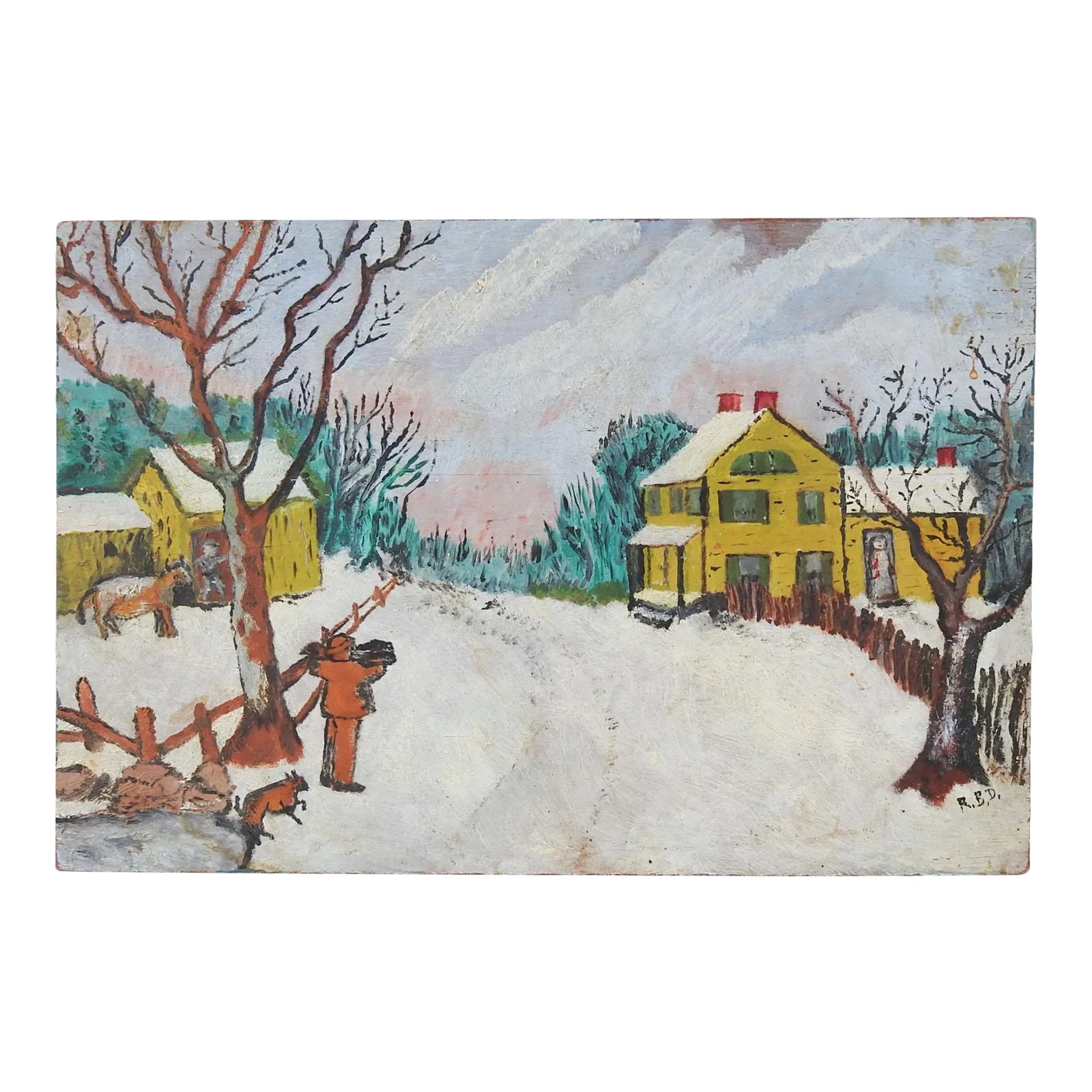 Vintage Folk Art Rustic Winter Farm Scene Painting on Box | Chairish