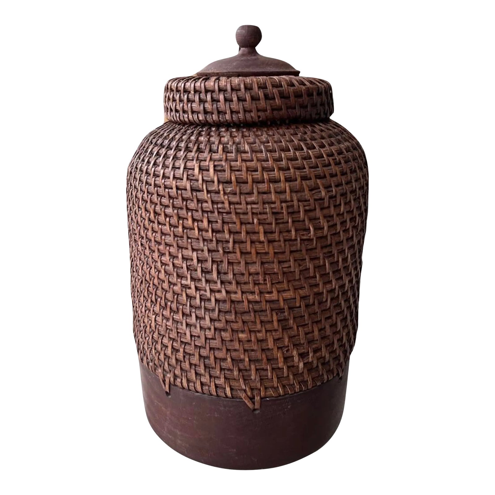 Filipino Handwoven Rattan And Wood Ginger Jar With Lid From The