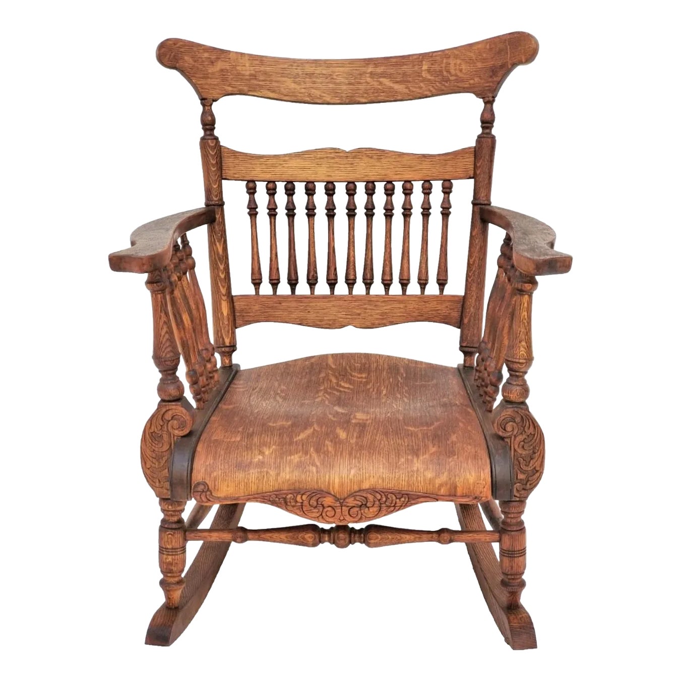 Antique 1910s Tiger Oak Rocking Chair – Curved Back, Spindles, Pressed ...