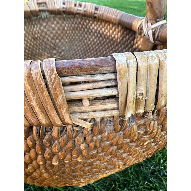 1940s Hand Woven Rice Basket With Bamboo Handle | Chairish