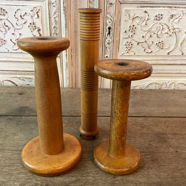 Antique Industrial Wood Textile Spools and Bobbin-Set of 3 | Chairish