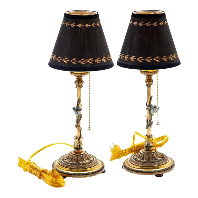 1950s German Brass Lamps with Hand-Painted Black Shades - A Pair | Chairish