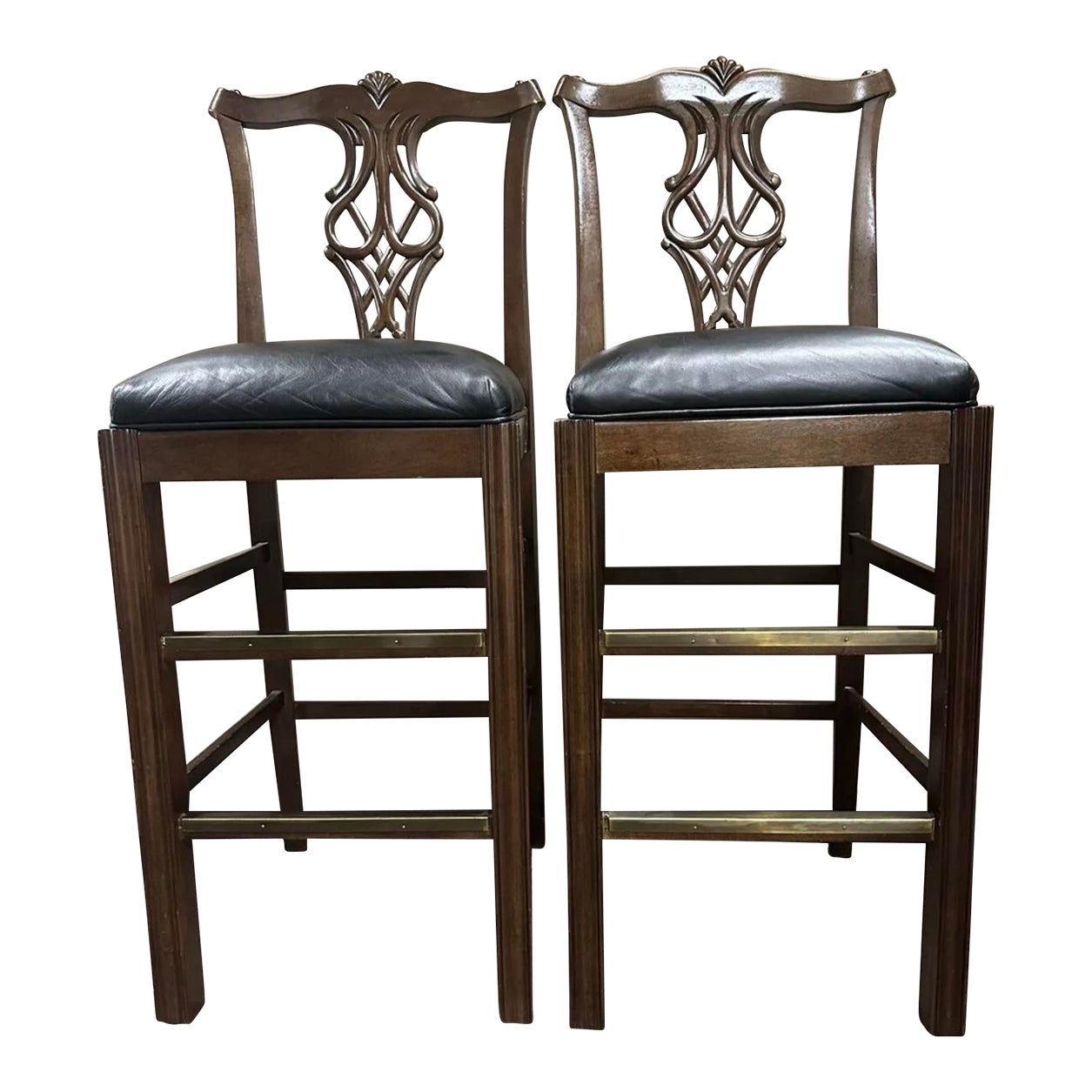 Pair of Chippendale Style Bar Stools Black Faux Leather Seats | Chairish
