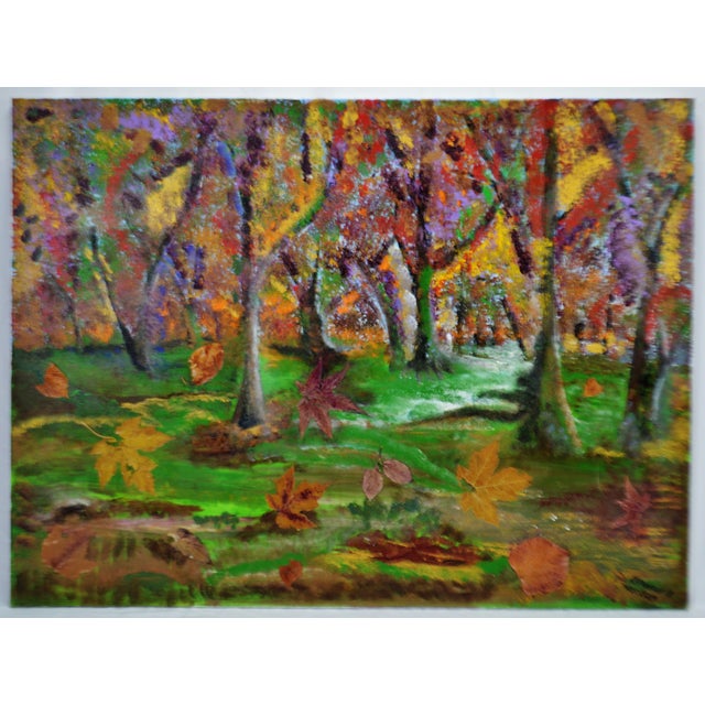 Vintage Large Oil on Canvas Landscape Painting W/ Natural Leaf Applique ...