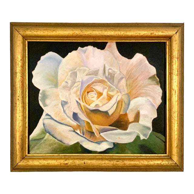 Late 20th Century Vintage Art White Rose Original Oil Painting on ...