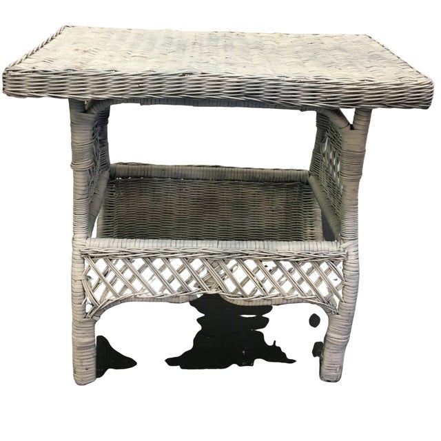 Vintage Shabby Chic Wicker Side Table W/Magazine Rack Lower Shelf ...