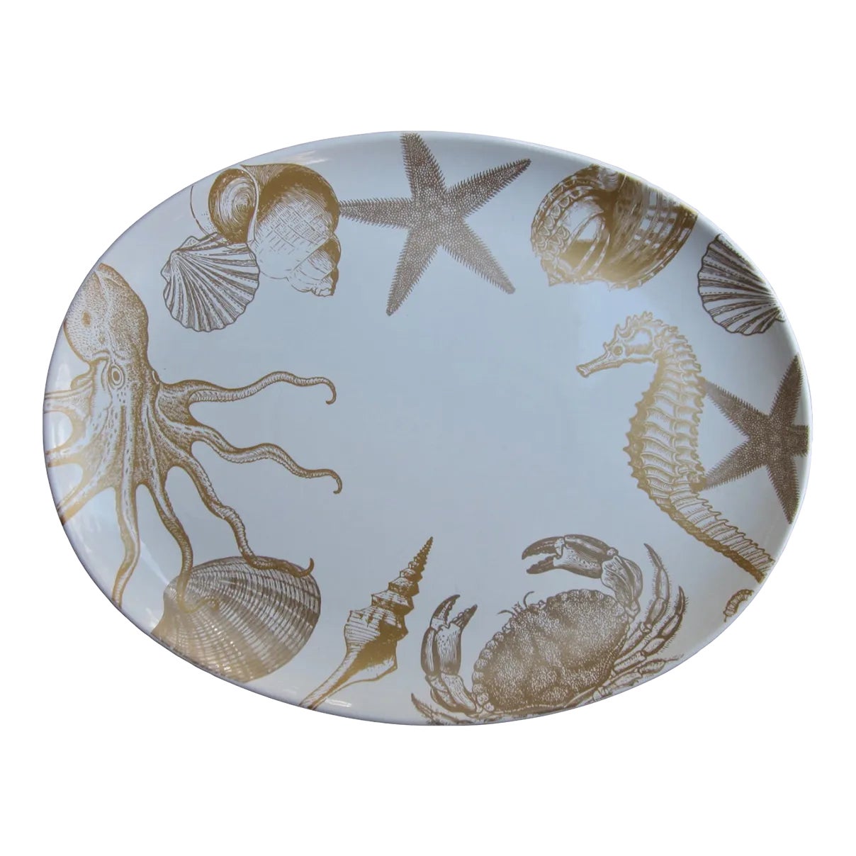 222 Fifth Gold Coastal Life Sea Creature Pattern Oval Platter | Chairish
